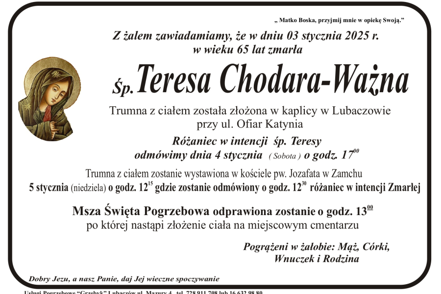 Zmarła Teresa Chodara-Ważna [65 lat] - ZLUBACZOWA.PL - Informacje ...