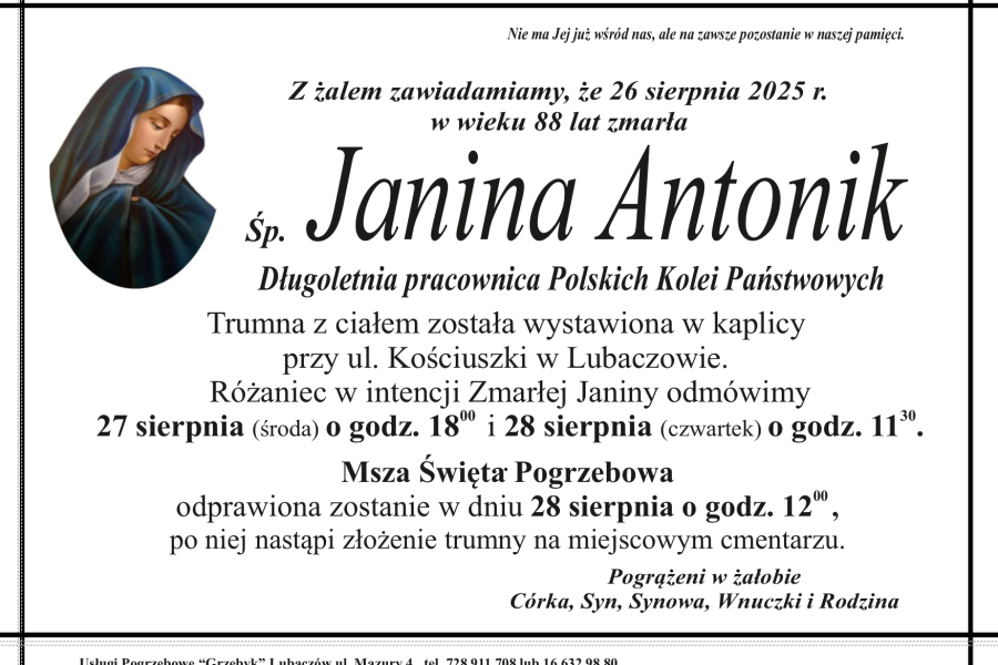 Zmarła Janina Antonik [88 lat] - ZLUBACZOWA.PL - Informacje Lubaczów ...